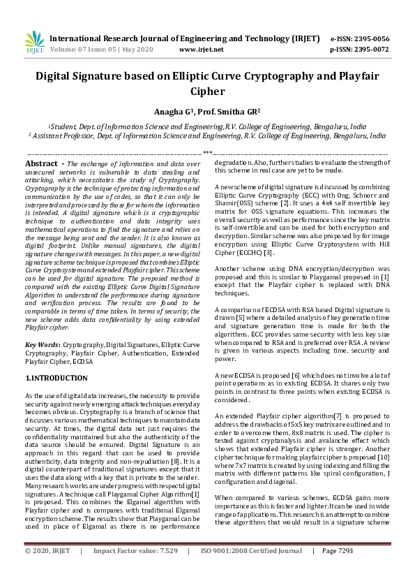 (PDF) IRJET- Digital Signature based on Elliptic Curve Cryptography and Playfair Cipher