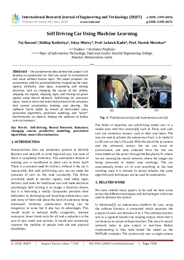 (PDF) IRJET- Self Driving Car Using Machine Learning