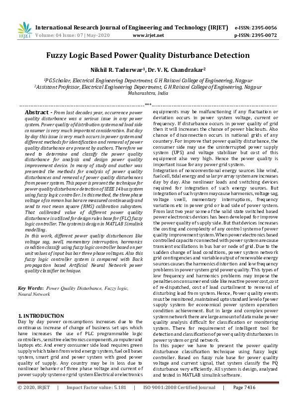 (PDF) IRJET- Fuzzy Logic Based Power Quality Disturbance Detection