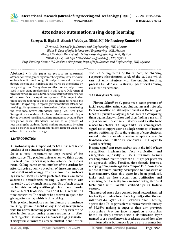 (PDF) IRJET- Attendance automation using deep learning