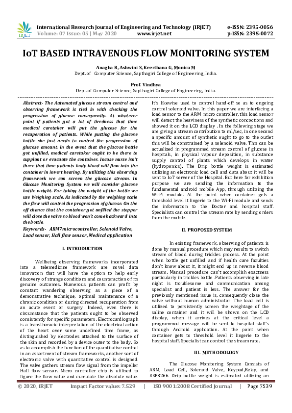 (PDF) IRJET- IoT BASED INTRAVENOUS FLOW MONITORING SYSTEM