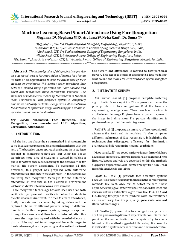 Pdf Irjet Machine Learning Based Smart Attendance Using Face Recognition