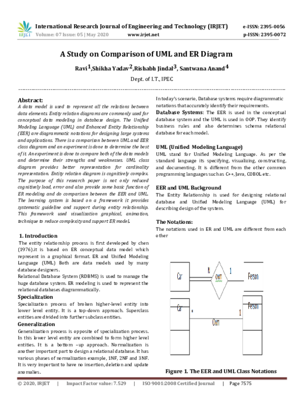 (PDF) IRJET- A Study on Comparison of UML and ER Diagram | IRJET ...
