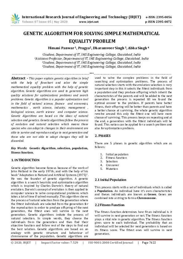 Pdf Irjet Genetic Algorithm For Solving Simple Mathematical Equality
