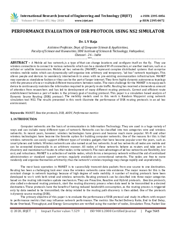 (PDF) IRJET- PERFORMANCE EVALUATION OF DSR PROTOCOL USING NS2 SIMULATOR