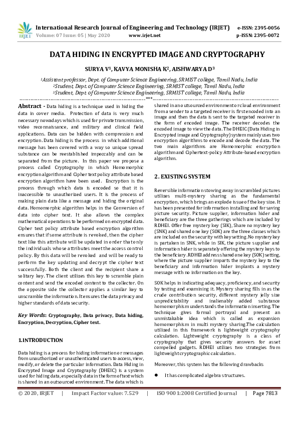 Pdf Irjet Data Hiding In Encrypted Image And Cryptography