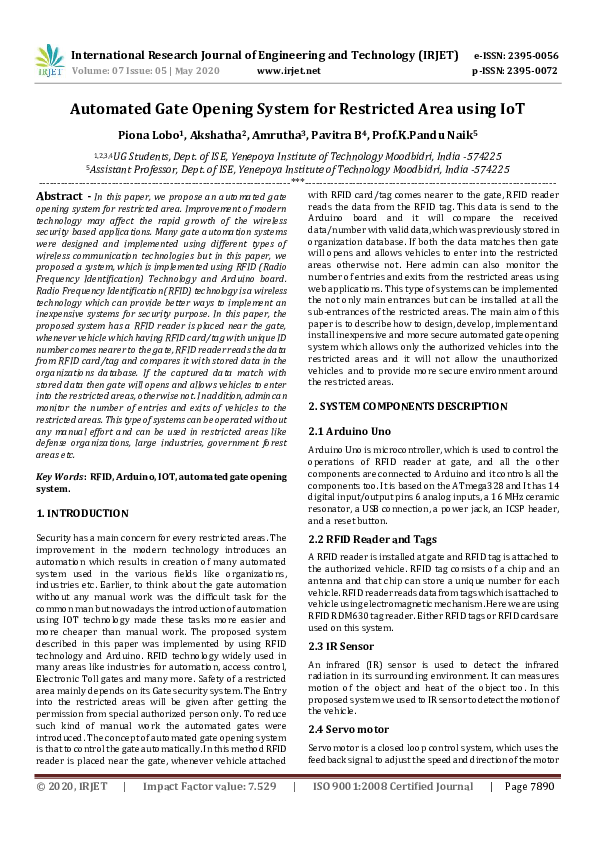 (PDF) IRJET- Automated Gate Opening System for Restricted Area using IoT