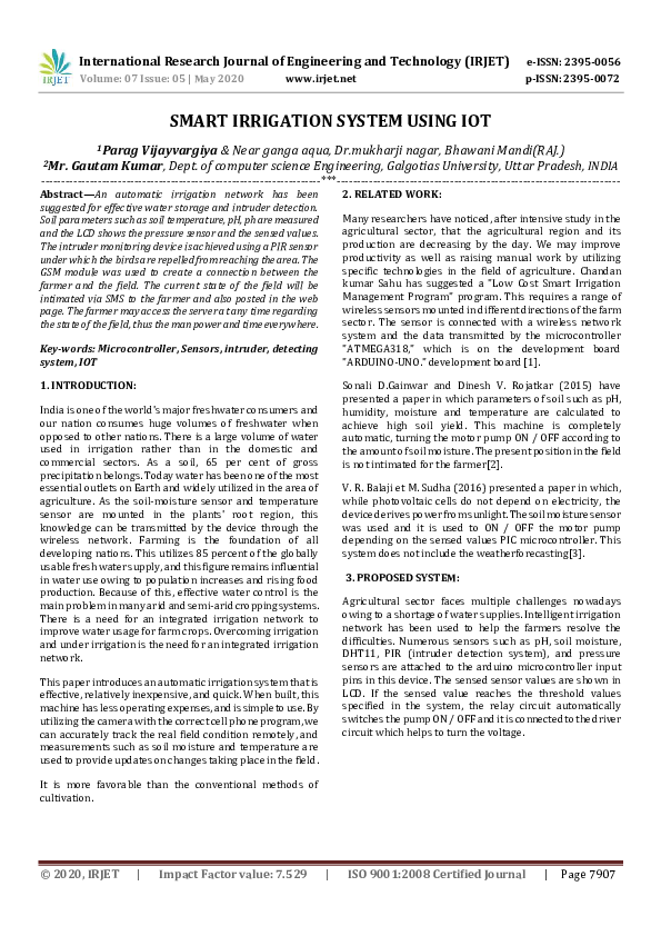 (PDF) IRJET- SMART IRRIGATION SYSTEM USING IOT
