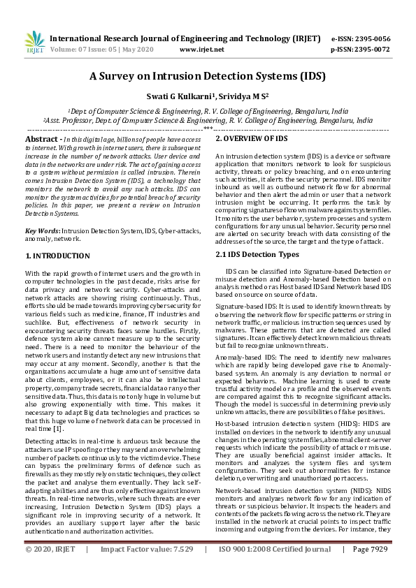 (PDF) IRJET- A Survey on Intrusion Detection Systems (IDS