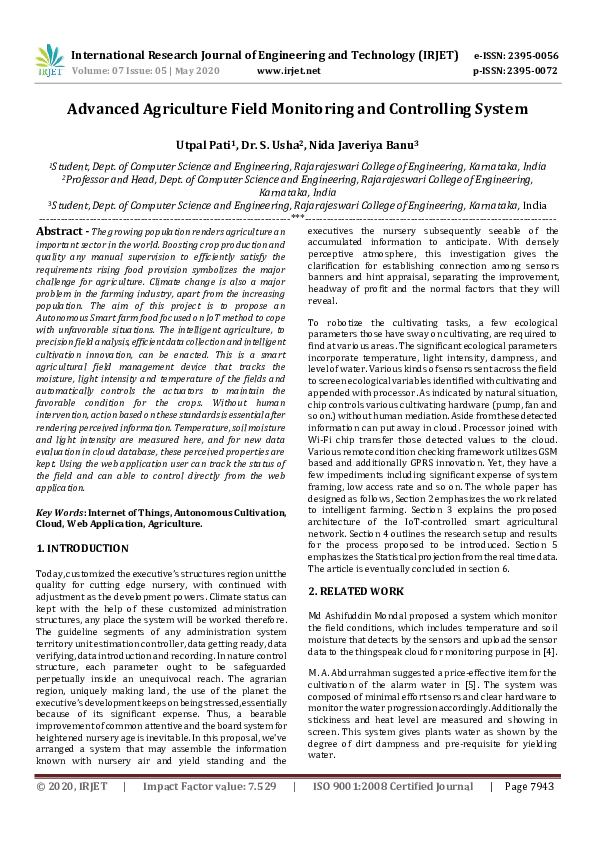 Pdf Irjet Advanced Agriculture Field Monitoring And Controlling System