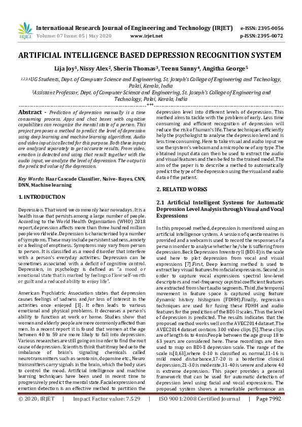 (PDF) ARTIFICIAL INTELLIGENCE BASED DEPRESSION RECOGNITION SYSTEM