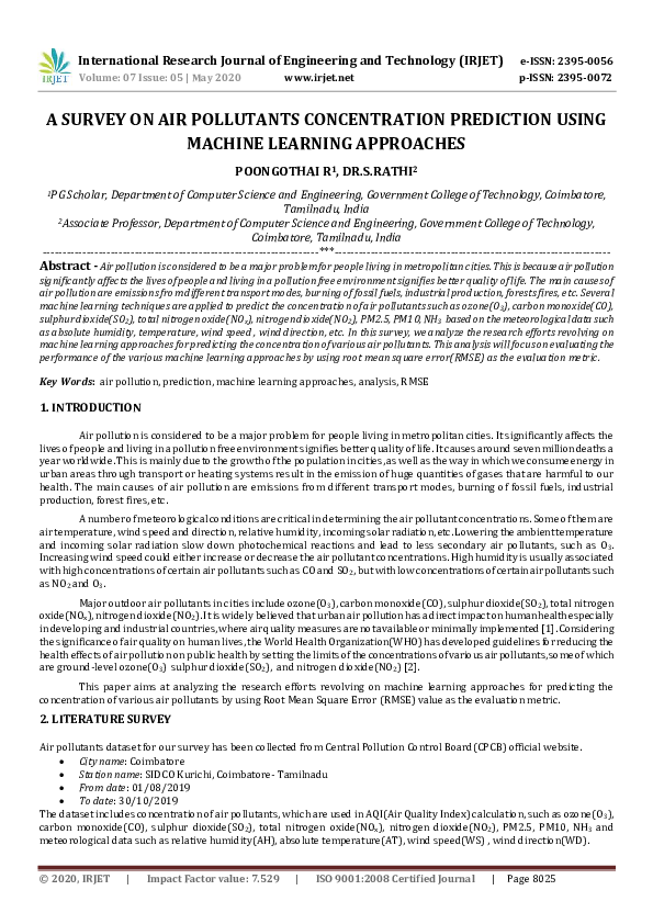 (PDF) IRJET- A SURVEY ON AIR POLLUTANTS CONCENTRATION PREDICTION USING ...