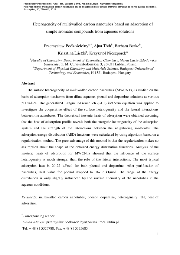 (PDF) Heterogeneity of multiwalled carbon nanotubes based on adsorption of simple aromatic ...