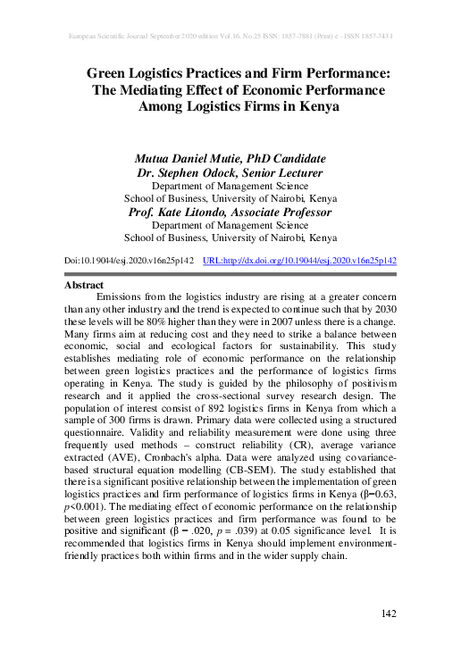 (PDF) Green Logistics Practices and Firm Performance: The Mediating Effect of Economic ...