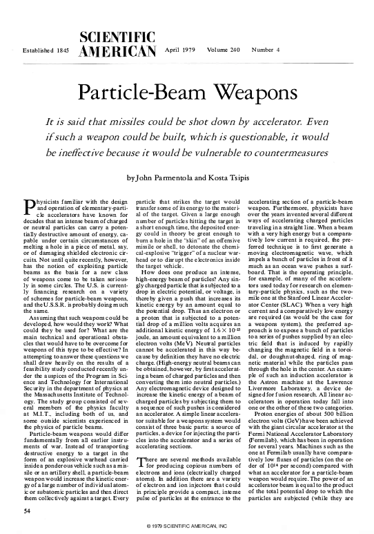 (PDF) "Particle Beam Weapons" (with J. Parmentola).