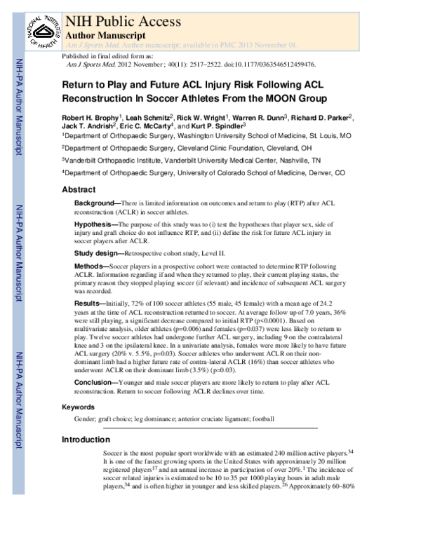 (PDF) Return to Play and Future ACL Injury Risk After ACL ...