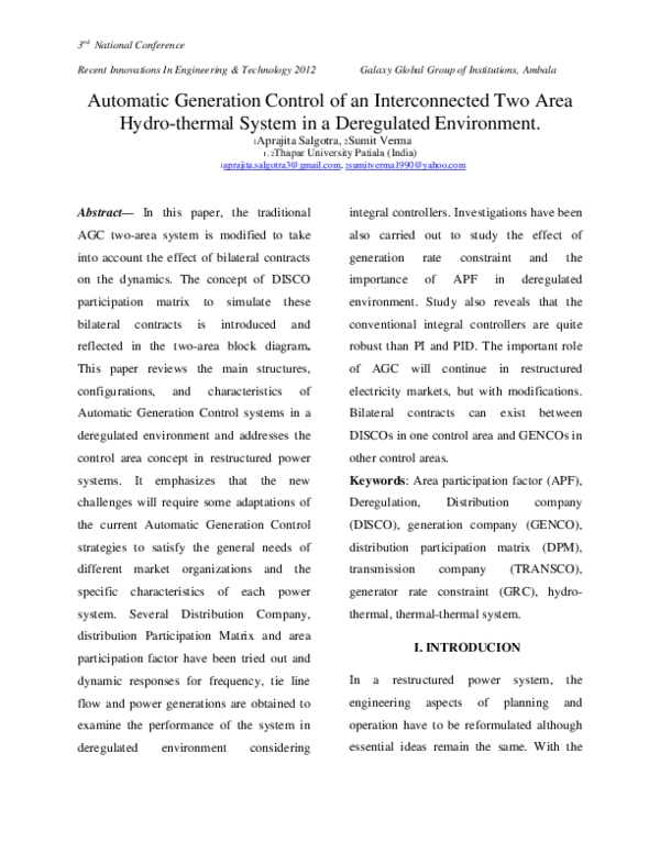 (PDF) Automatic generation control of an interconnected thermal system using a new classical ...