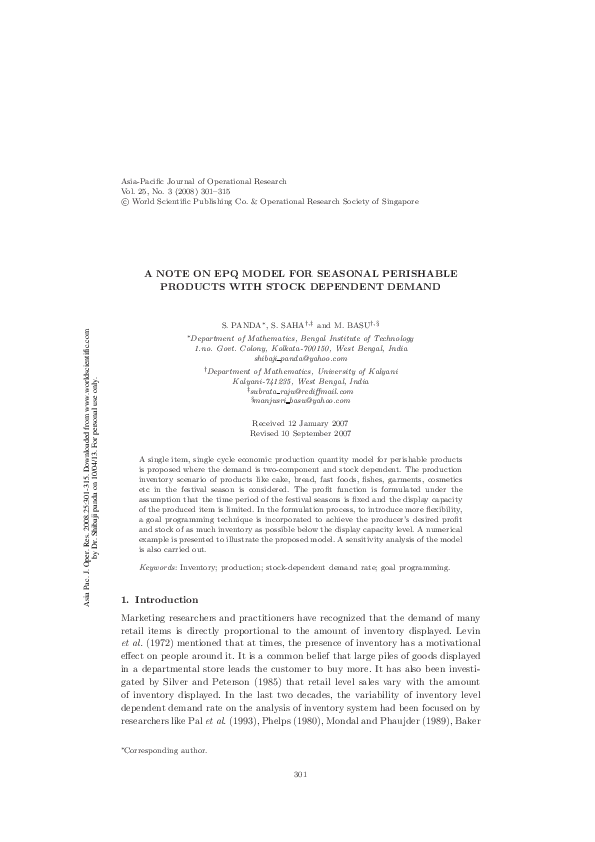 Pdf A Note On Epq Model For Seasonal Perishable Products With Stock Dependent Demand