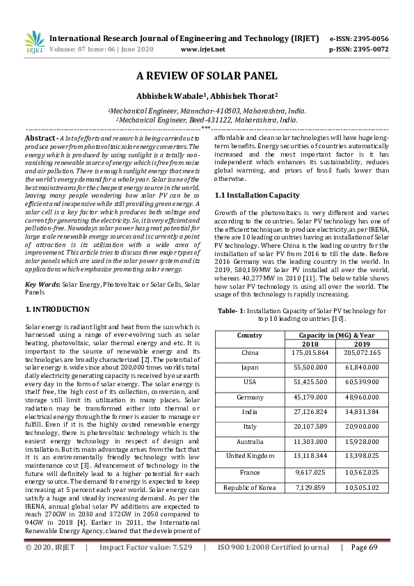 (PDF) IRJET= A REVIEW OF SOLAR PANEL