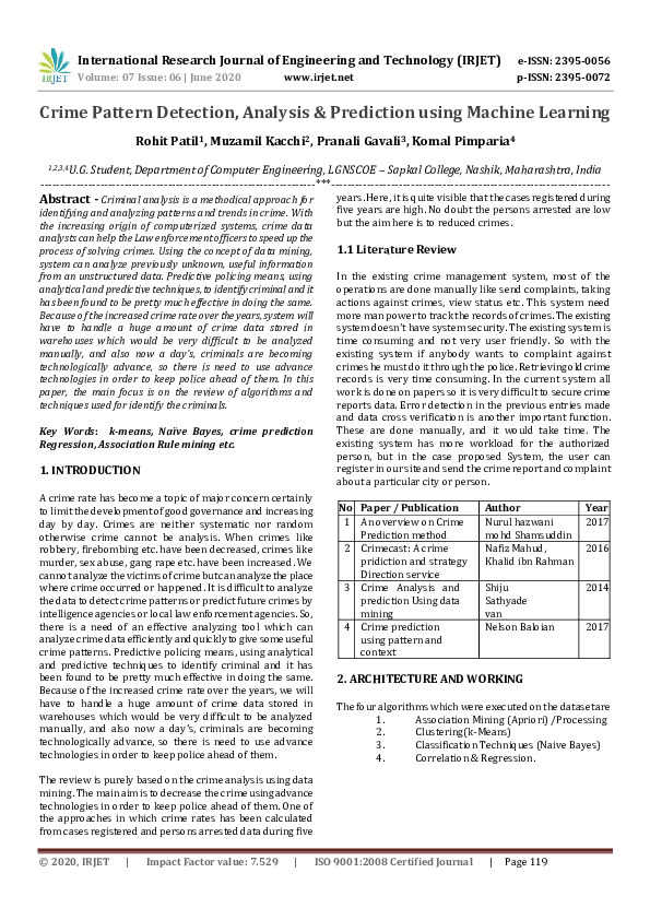 Pdf Irjet Crime Pattern Detection Analysis And Prediction Using Machine Learning