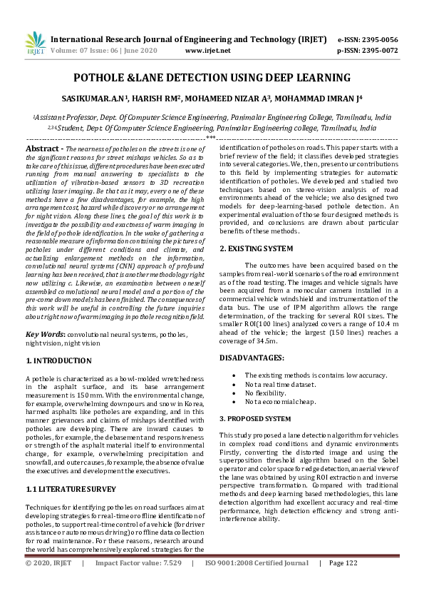 (PDF) IRJET- POTHOLE &LANE DETECTION USING DEEP LEARNING