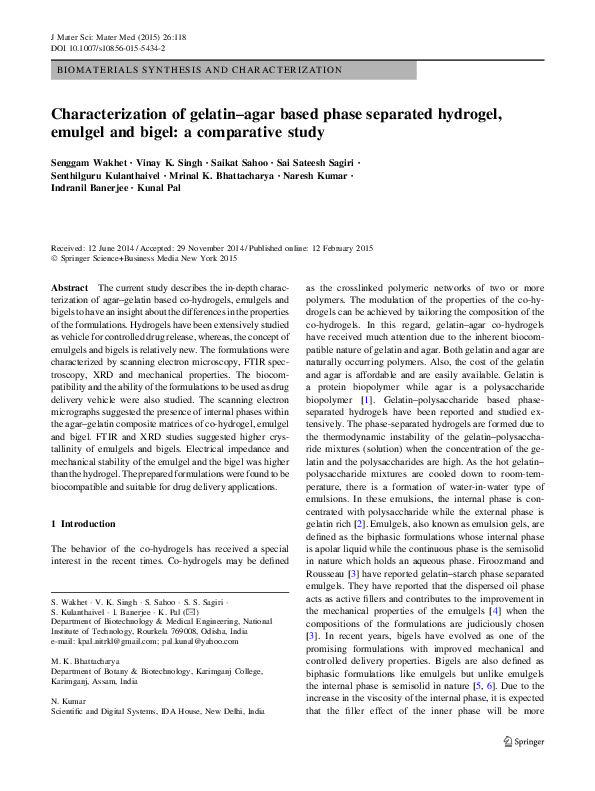 (PDF) Characterization of gelatin-agar based phase separated hydrogel ...