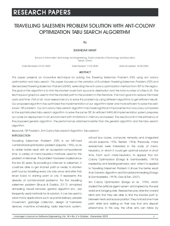 Pdf Travelling Salesmen Problem Solution With Ant Colony Optimization Tabu Search Algorithm By