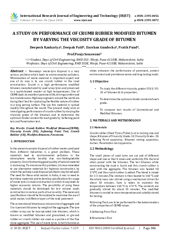 (PDF) IRJET- A STUDY ON PERFORMANCE OF CRUMB RUBBER MODIFIED BITUMEN BY ...