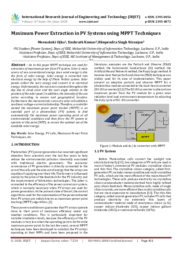 (PDF) IRJET- Maximum Power Extraction in PV Systems using MPPT Techniques