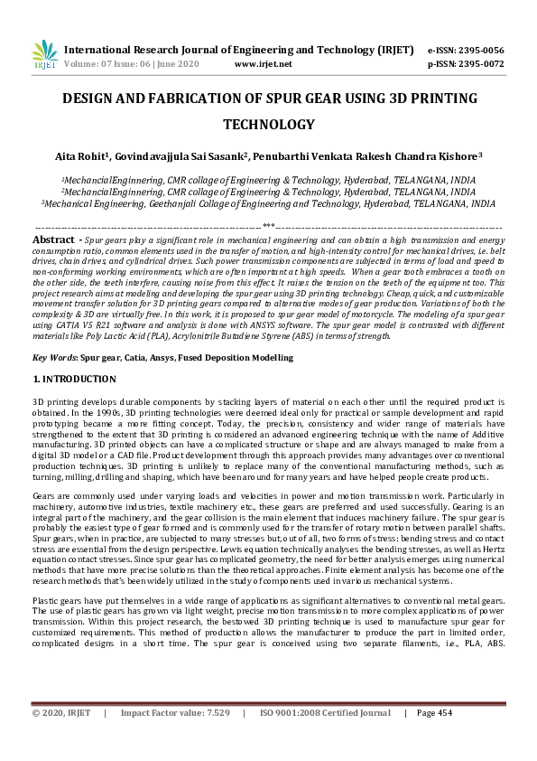(PDF) IRJET- DESIGN AND FABRICATION OF SPUR GEAR USING 3D PRINTING ...
