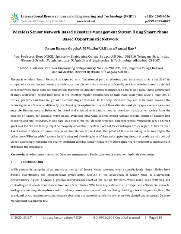 Pdf Irjet Wireless Sensor Network Based Disasters Management System