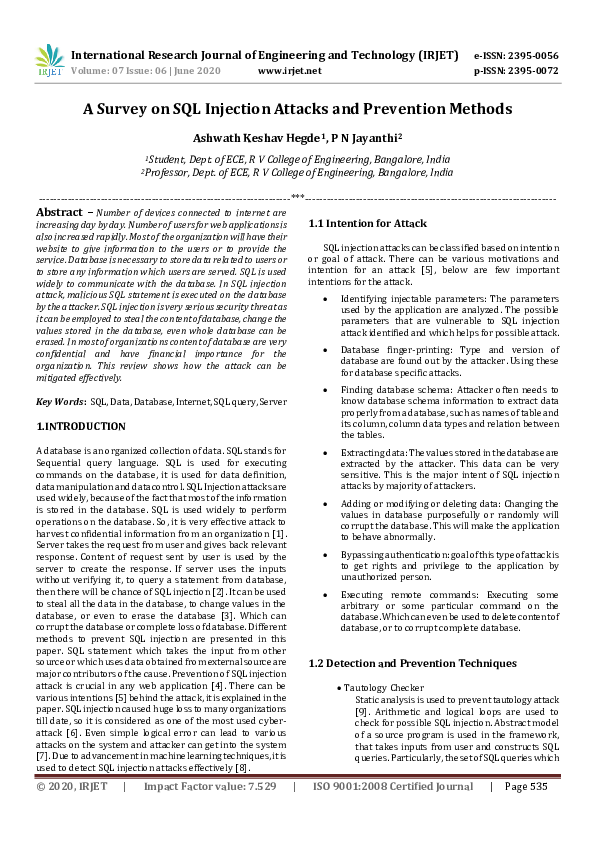 (PDF) IRJET- A Survey on SQL Injection Attacks and Prevention Methods