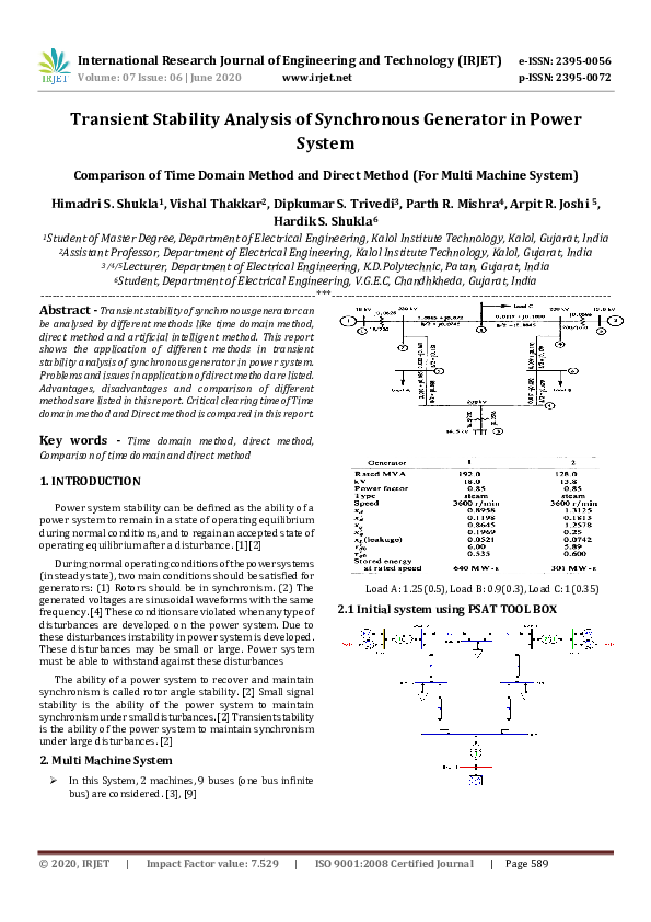 (PDF) IRJET- Transient Stability Analysis of Synchronous Generator in Power System Comparison of ...