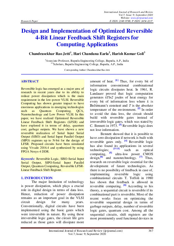 Pdf Design And Implementation Of Optimized Reversible 4 Bit Linear Feedback Shift Registers