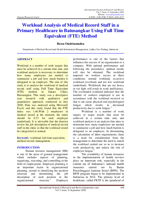 (PDF) Workload Analysis of Medical Record Staff in a Primary Healthcare in Batusangkar Using ...