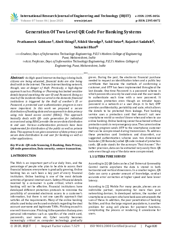 (PDF) IRJET- Generation Of Two Level QR Code For Banking Systems