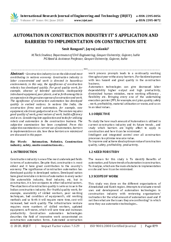 (PDF) AUTOMATION IN CONSTRUCTION INDUSTRY IT' S APPLICATION AND BARRIERS TO IMPLIMENTATION ON ...