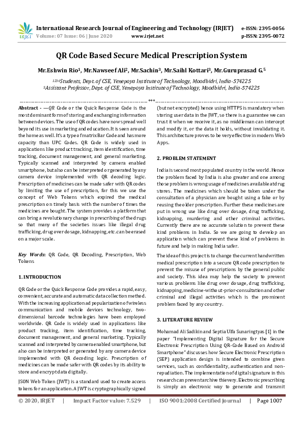 (PDF) IRJET- QR Code Based Secure Medical Prescription System
