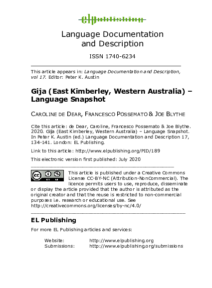 (PDF) Gija (East Kimberley, Western Australia) - Language Snapshot