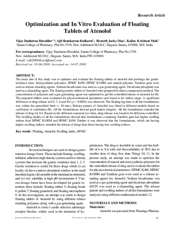 Pdf Optimization And In Vitro Evaluation Of Floating Tablets Of Atenolol
