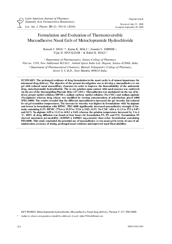 Pdf Formulation And Evaluation Of Thermoreversible Mucoadhesive Nasal Gels Of Metoclopramide