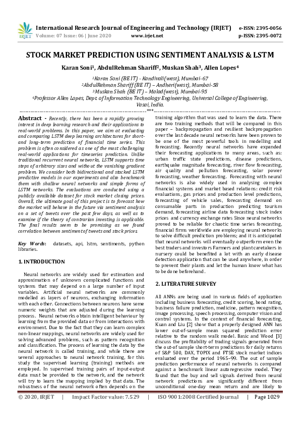 Pdf Irjet Stock Market Prediction Using Sentiment Analysis And Lstm