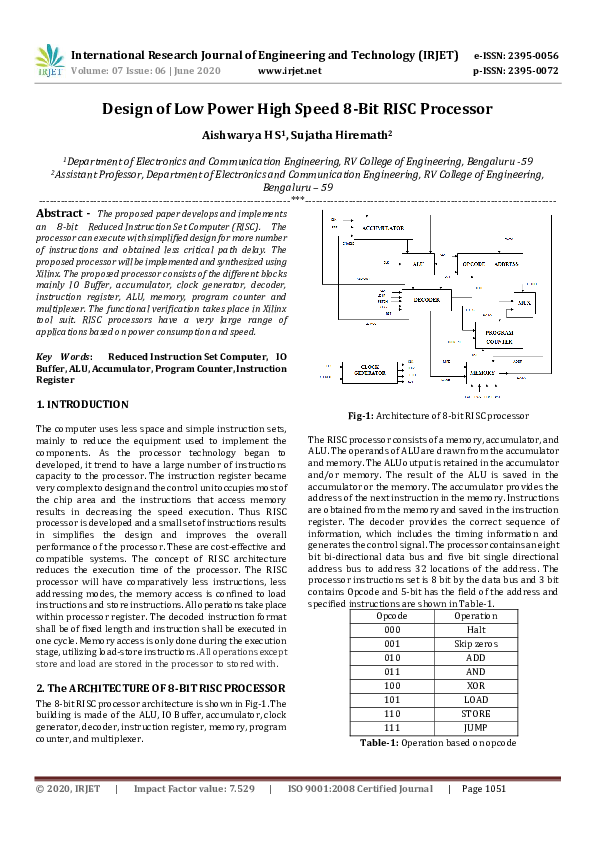Pdf Irjet Design Of Low Power High Speed 8 Bit Risc Processor