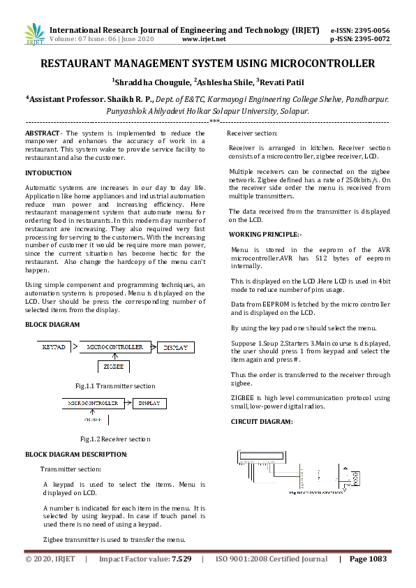 (PDF) IRJET-Restaurant Management System using Microcontroller (PDF) IRJET-Restaurant Management System using Microcontroller