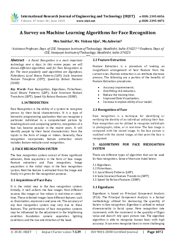 (PDF) IRJET- A Survey on Machine Learning Algorithms for Face Recognition