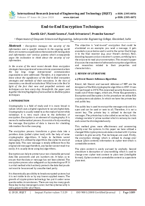 (PDF) IRJET-End-to-End Encryption Techniques