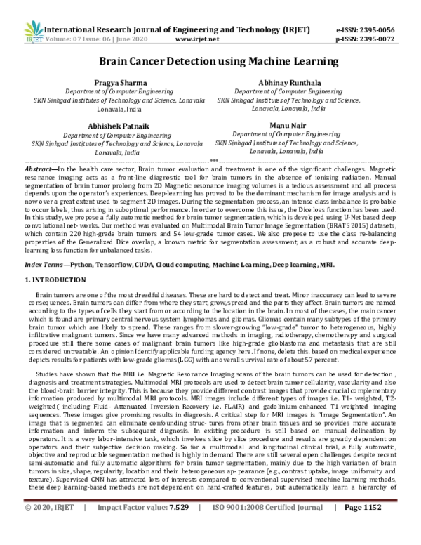 Pdf Irjet Brain Cancer Detection Using Machine Learning