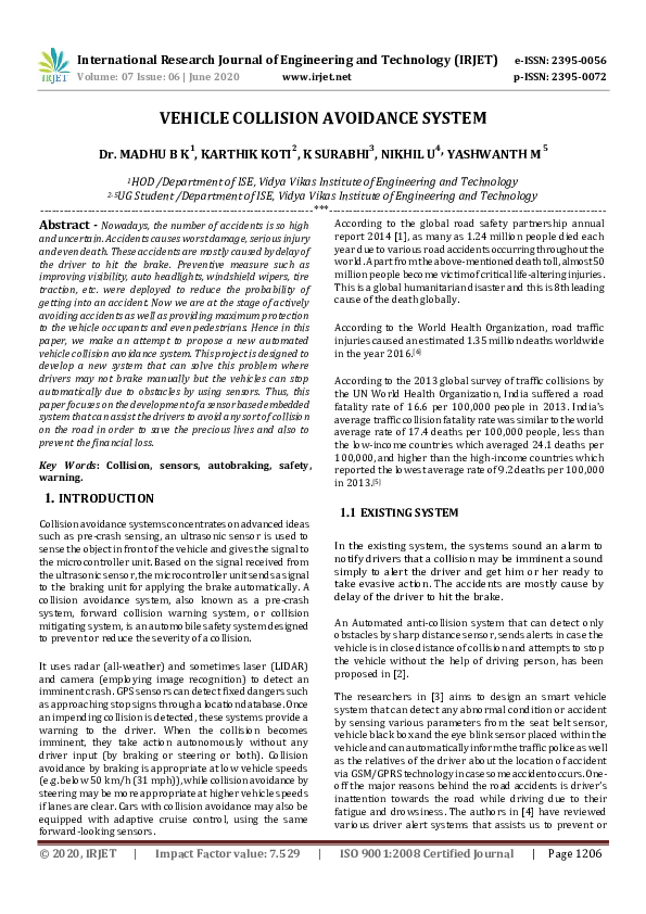 (PDF) IRJET- VEHICLE COLLISION AVOIDANCE SYSTEM