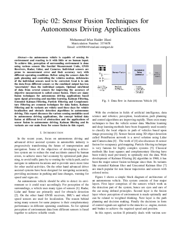 (PDF) Topic 02: Sensor Fusion Techniques for Autonomous Driving Applications