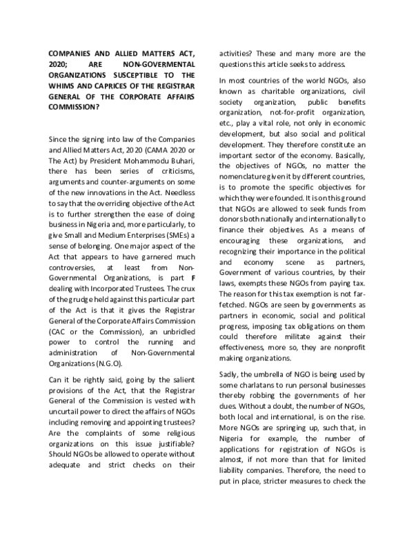 (PDF) COMPANIES AND ALLIED MATTERS ACT, 2020; ARE NON-GOVERMENTAL ...